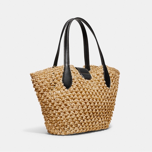 Coach | Bags | Coach Woven Straw Tote W Pouch Nwt Black Leather Handles ...